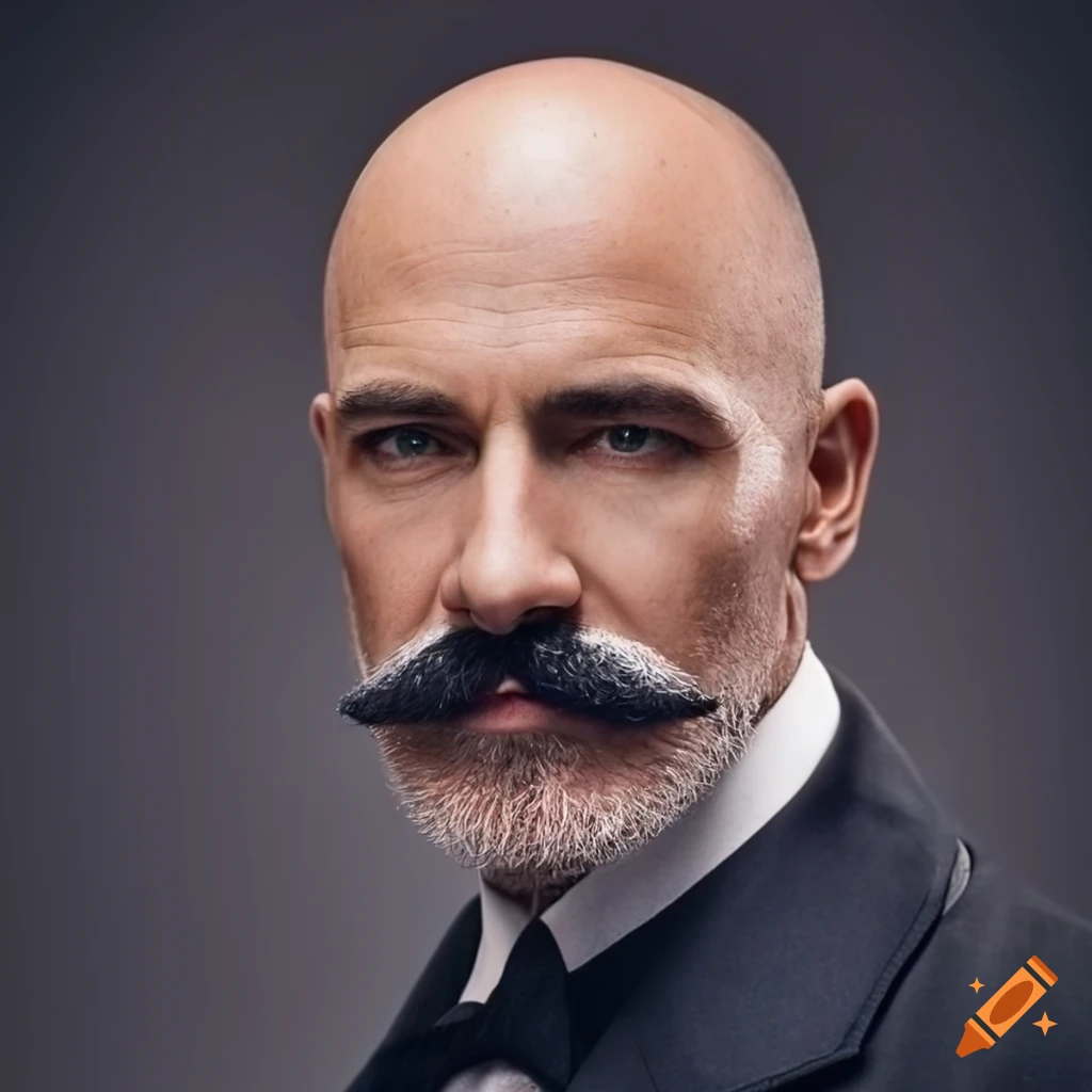 Englishman, confident, bald, author, mustache, classic photo, head only ...