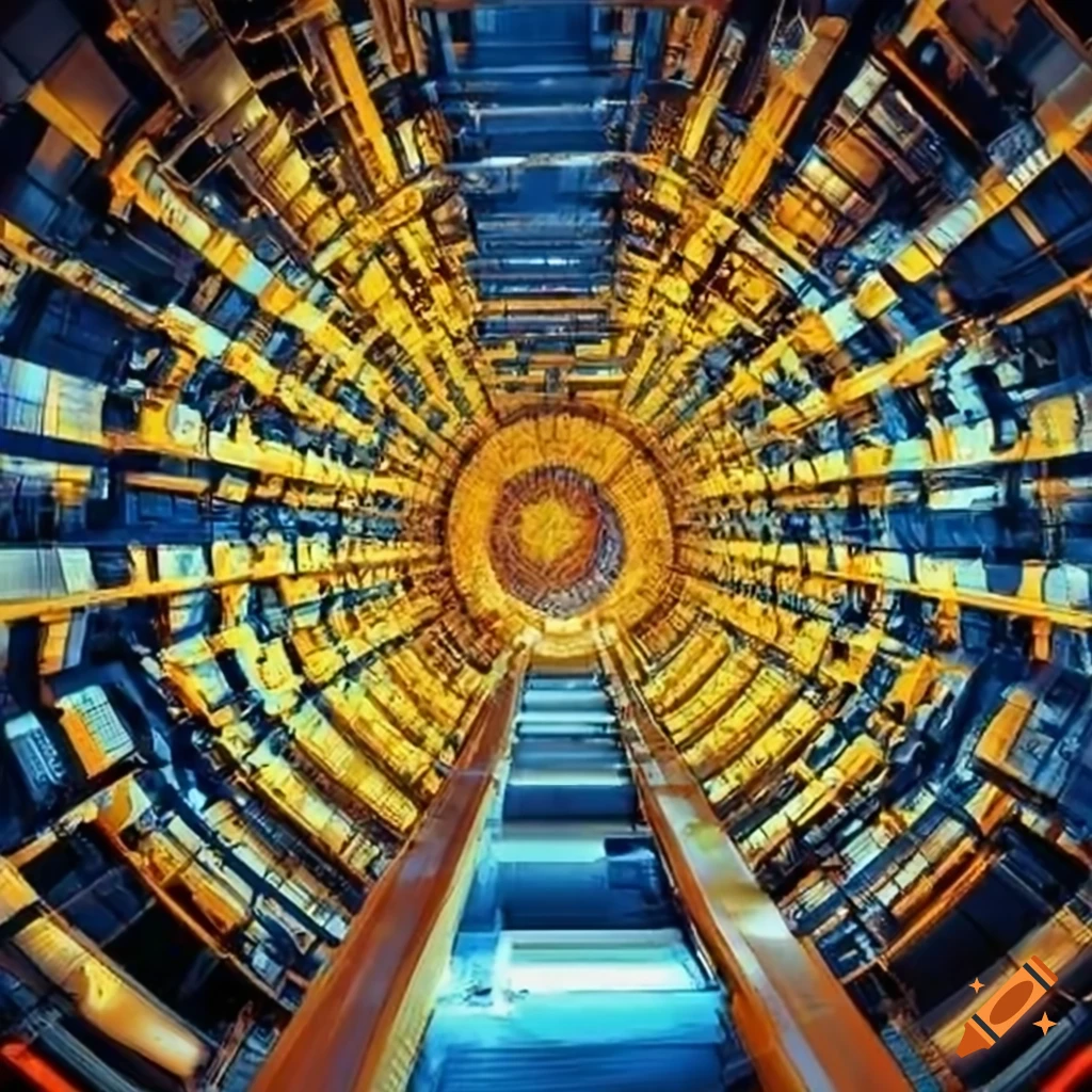 A giant particle collider in a yellow, poorly lit research room