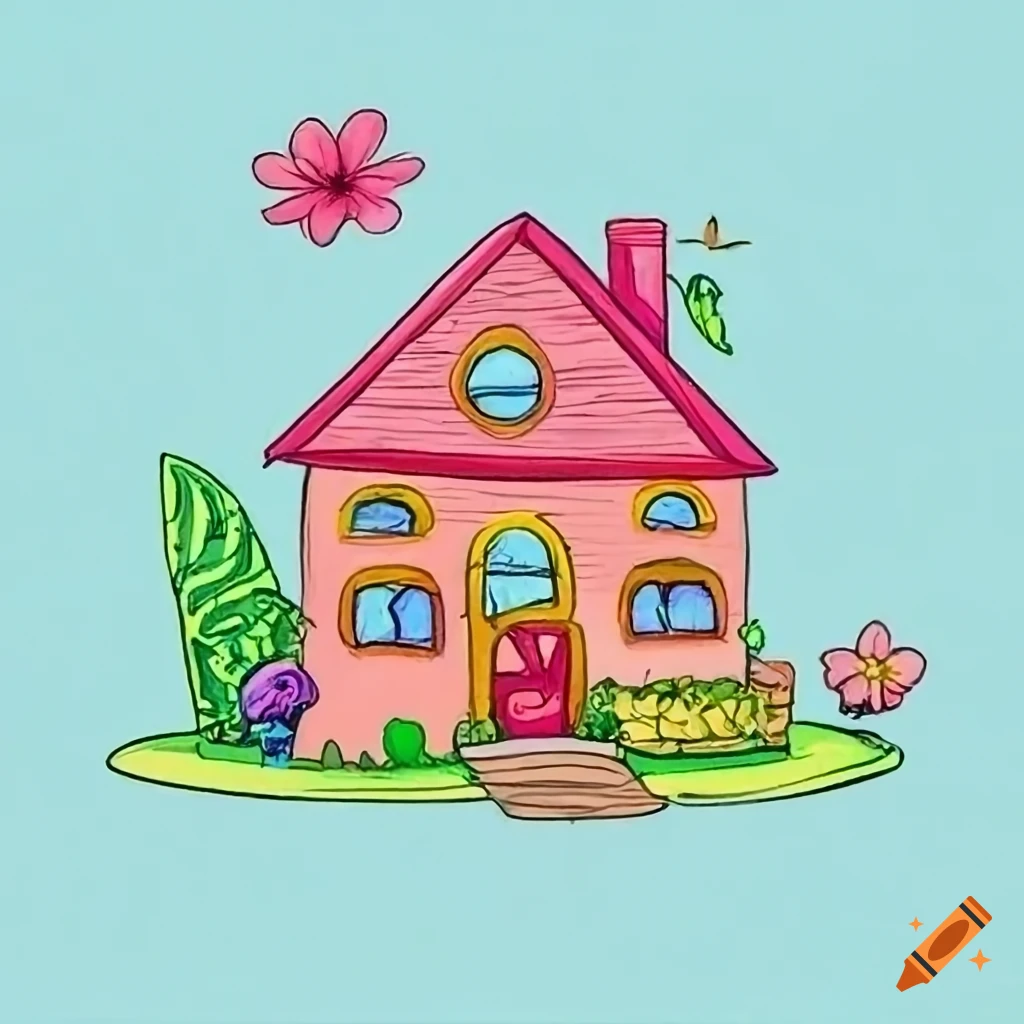 House with flowers in coloring book style
