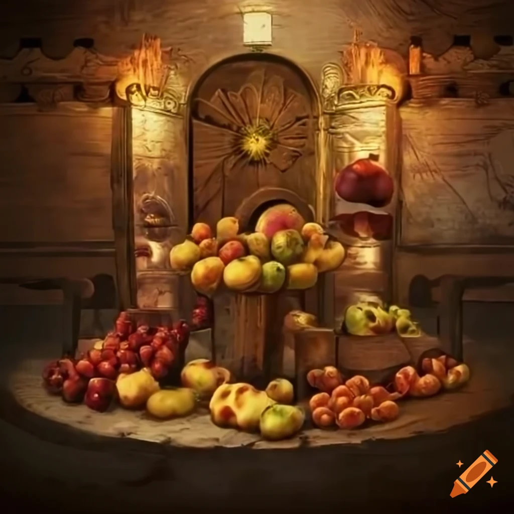 Medieval bazaar with gold and fruits stands