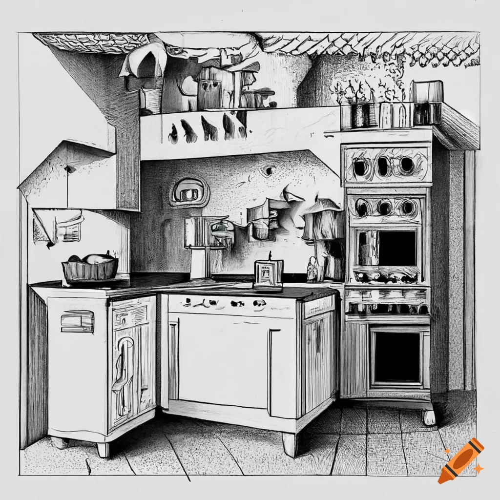 Mc escher style drawing version of relativity but in a kitchen on Craiyon
