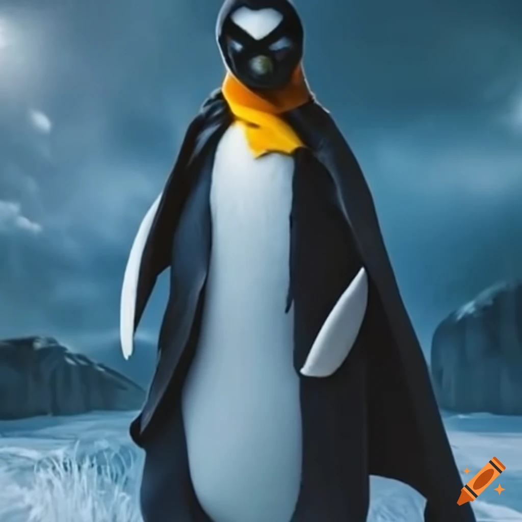 A human with a penguin based super hero costum on Craiyon