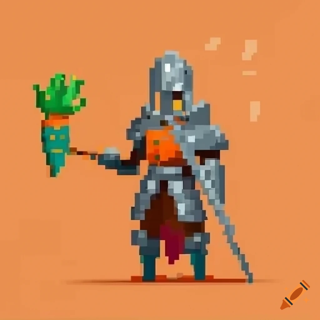 A brave knight made out of carrots in a pixelated style