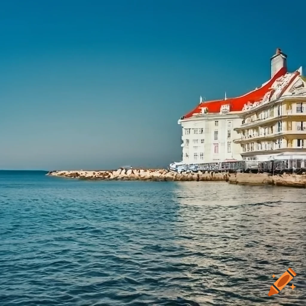 A photograph of a seaside hotel. the hotel is on the right side, the ...