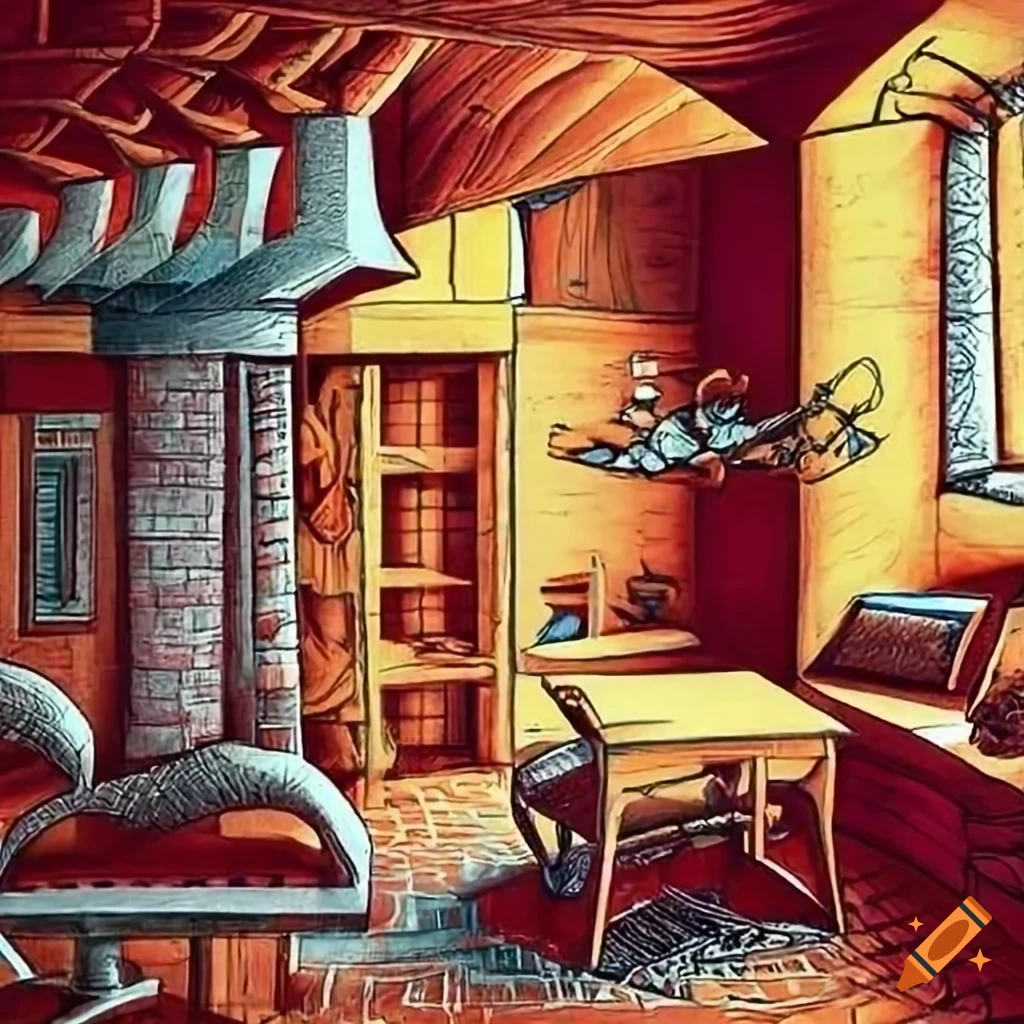 Mc escher style drawing version of relativity but in a living room on ...