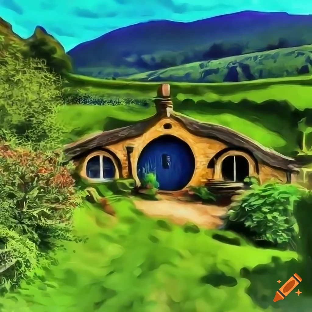 A picturesque hobbiton village surrounded by lush green mountains as ...