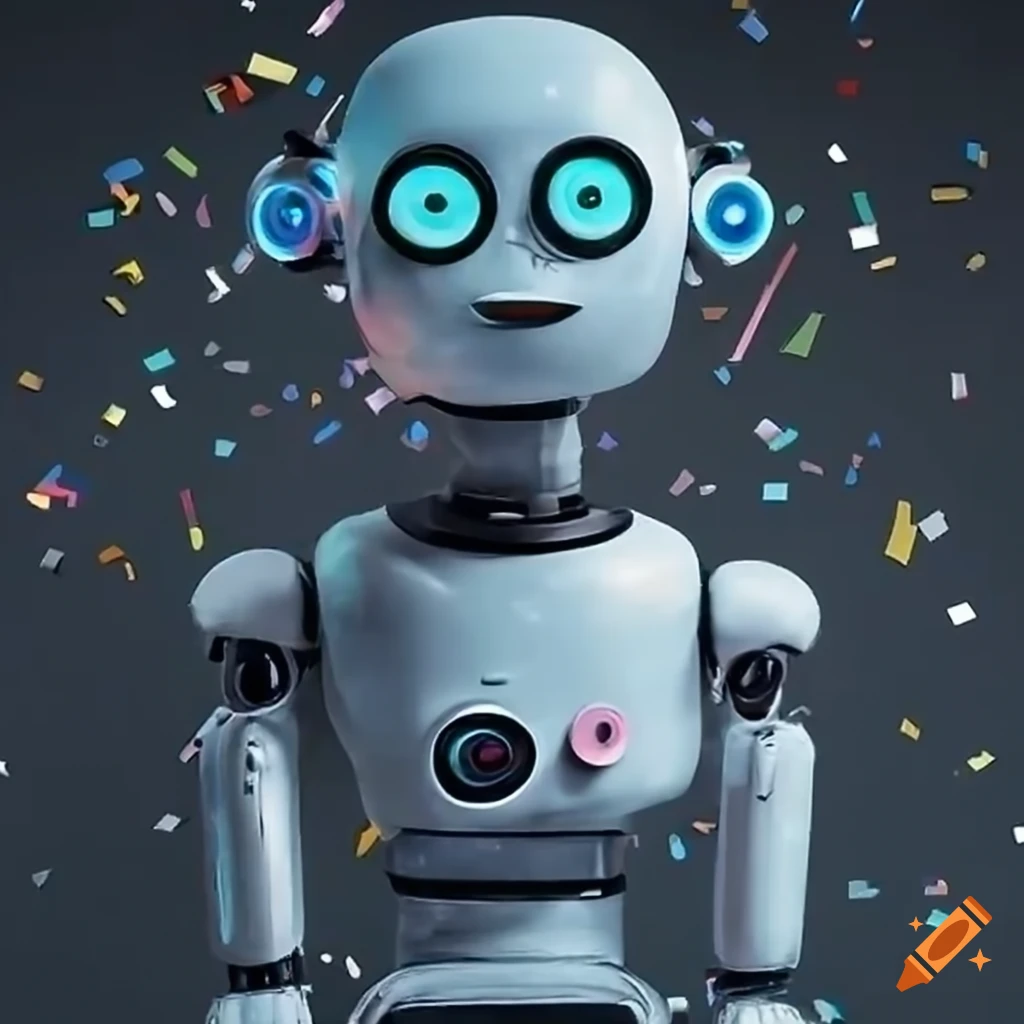 4 robots celebrating on the moon with cake and confetti by boucher