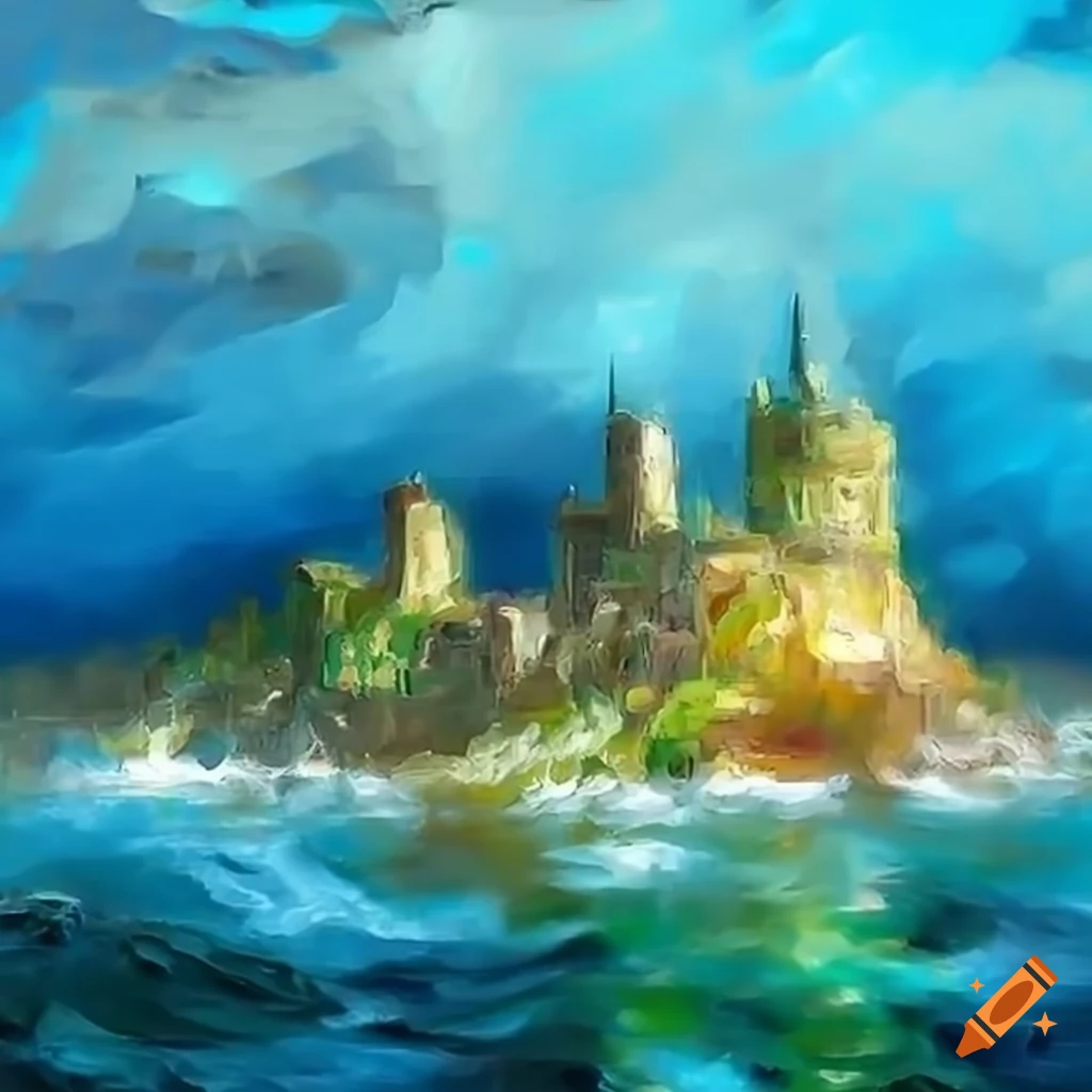 Medieval sea town on the shore of an ocean, green dragon rises from the ...