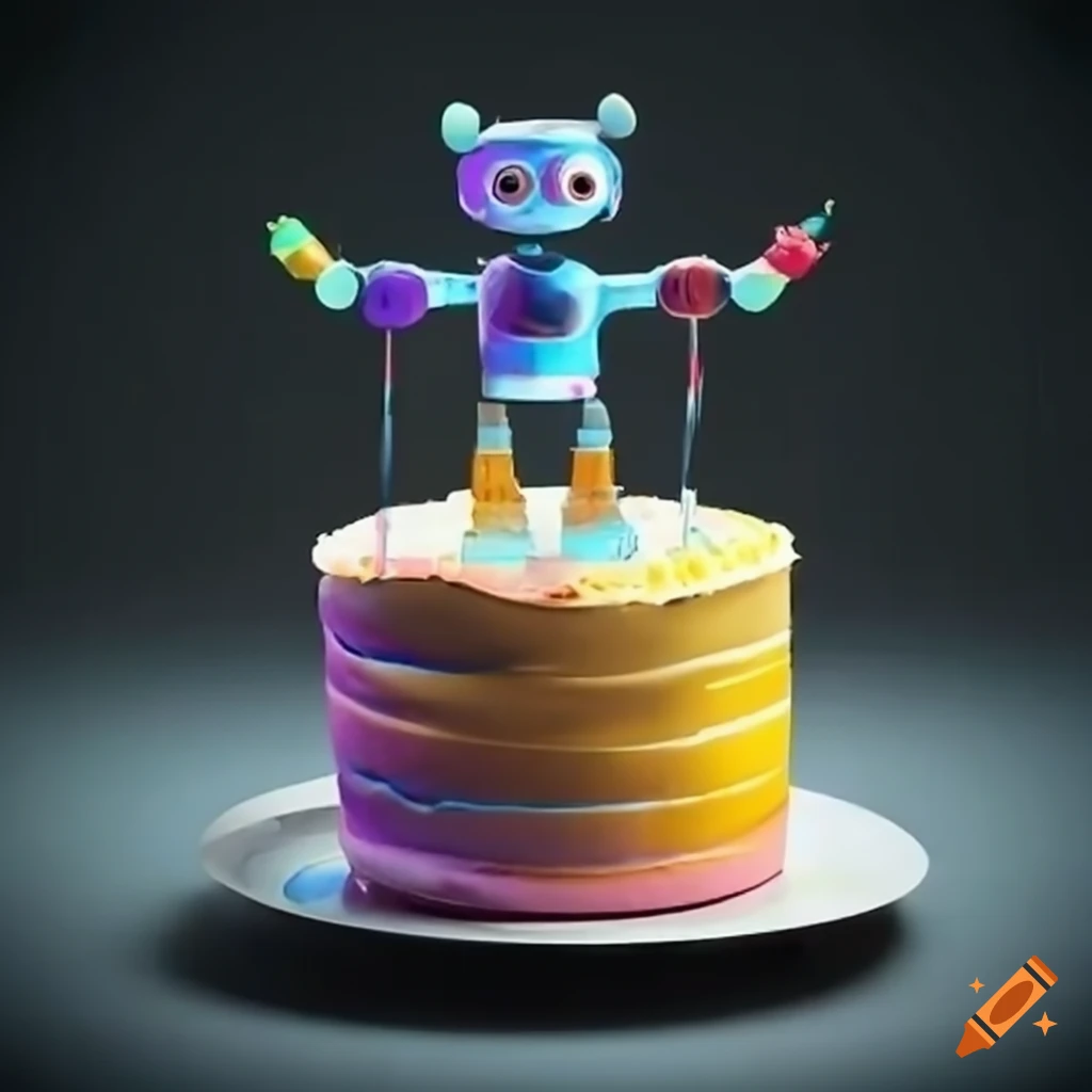 4 robots celebrating on the moon with colorful cake
