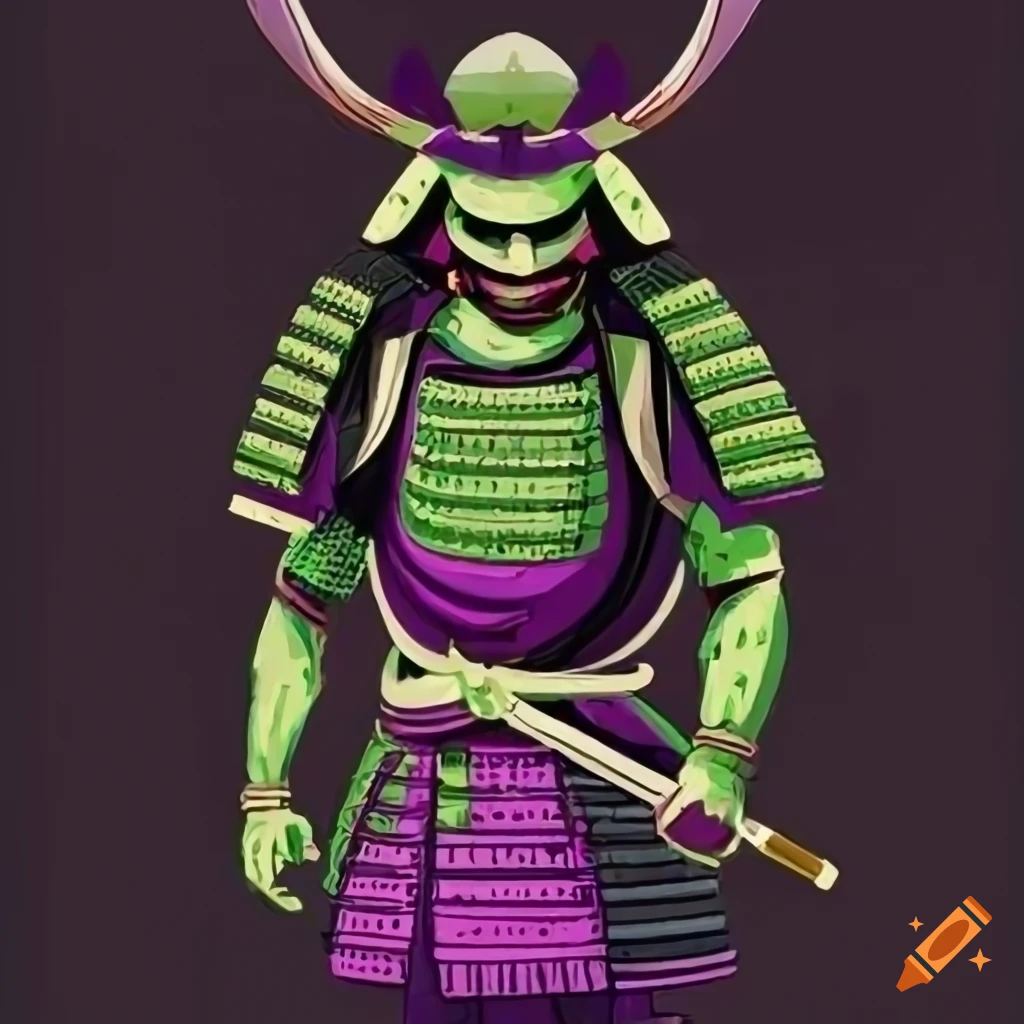Green armoured samurai wearing purple belt graphic with black background