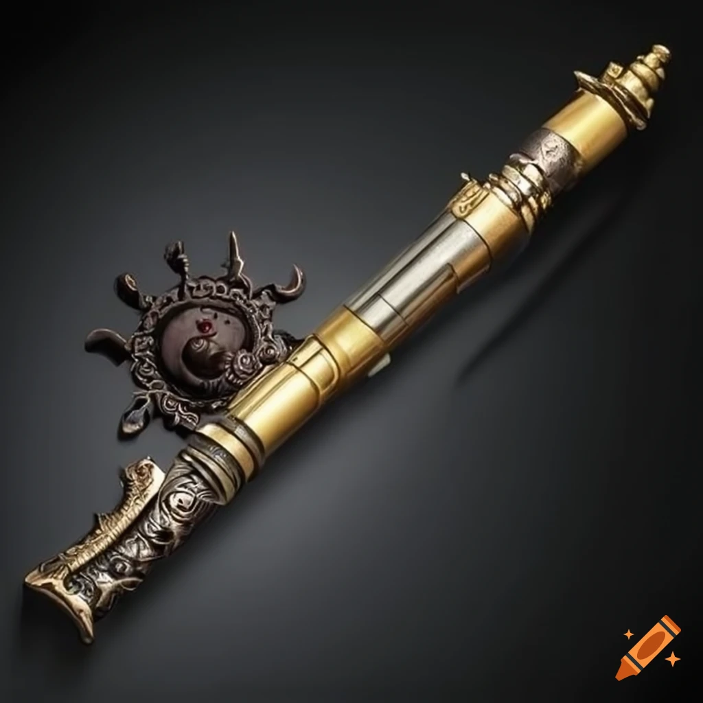 An ornate lightsaber hilt with detailed engravings