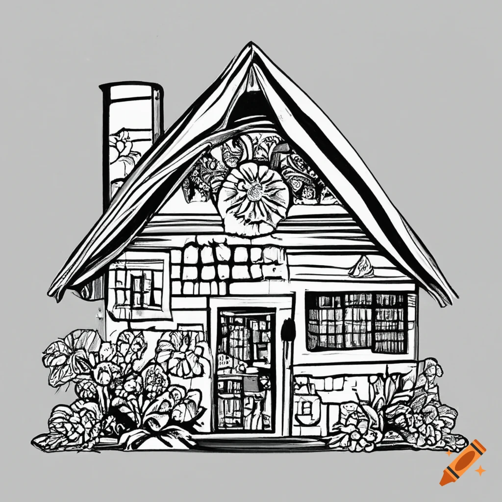 House with flowers in coloring book style