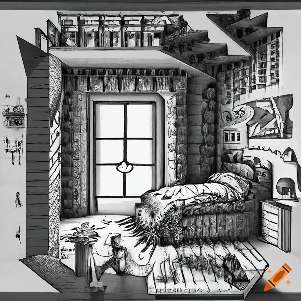 Mc Escher style drawing version of relativity but in a bedroom on Craiyon