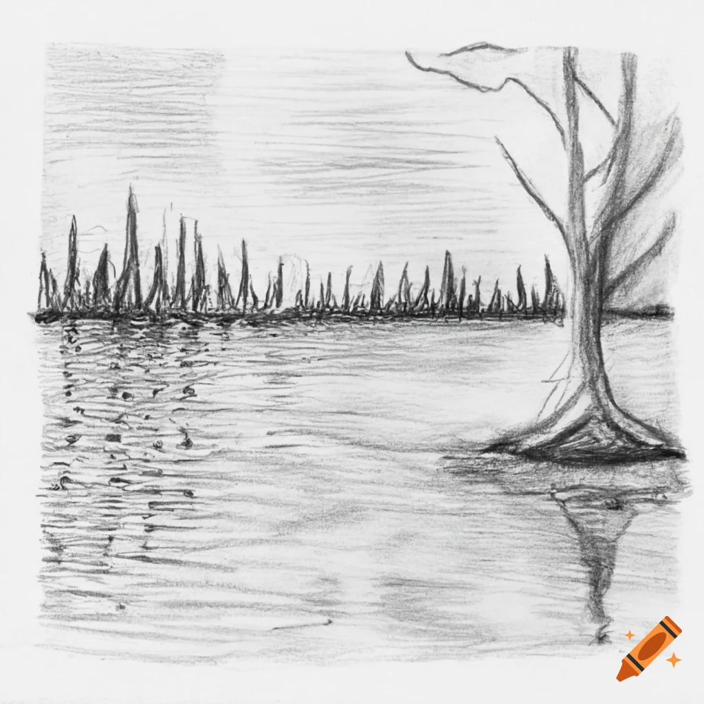 Draw a lake with a tree in front, like a child on Craiyon