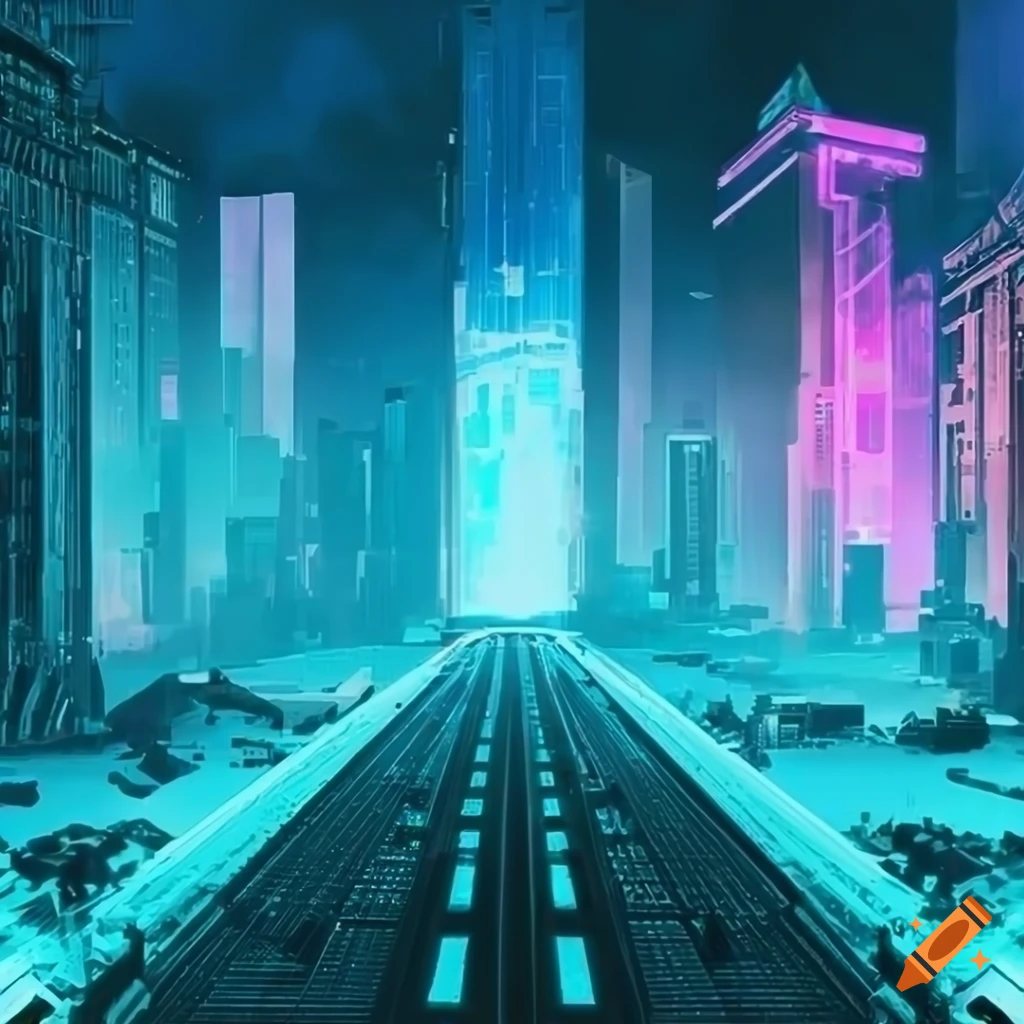 Turquoise futuristic cyber cityscape for Nextcloud wallpaper on Craiyon