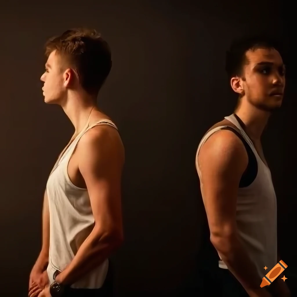 Close-up of Two men in tank top with white background vintage style on ...