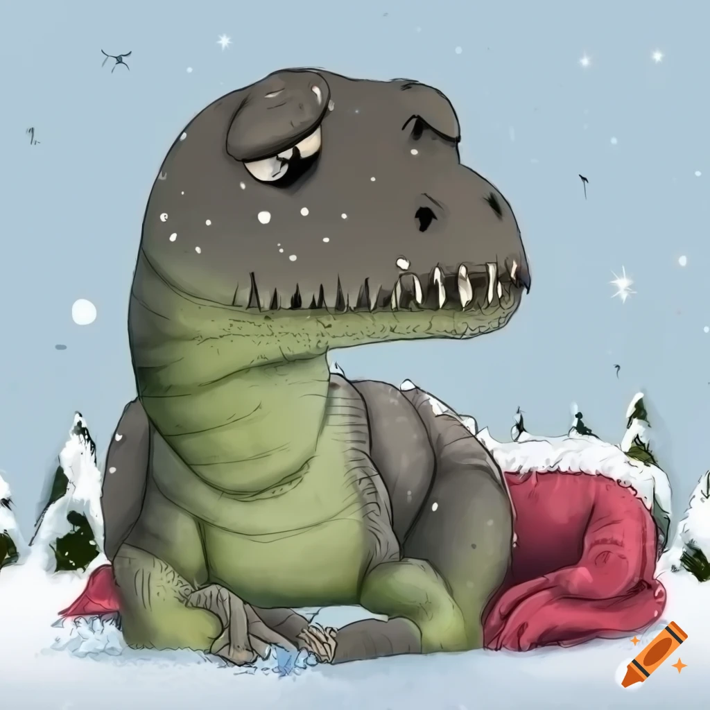 Illustration of a sad dinosaur in winter with a scarf and blanket on ...