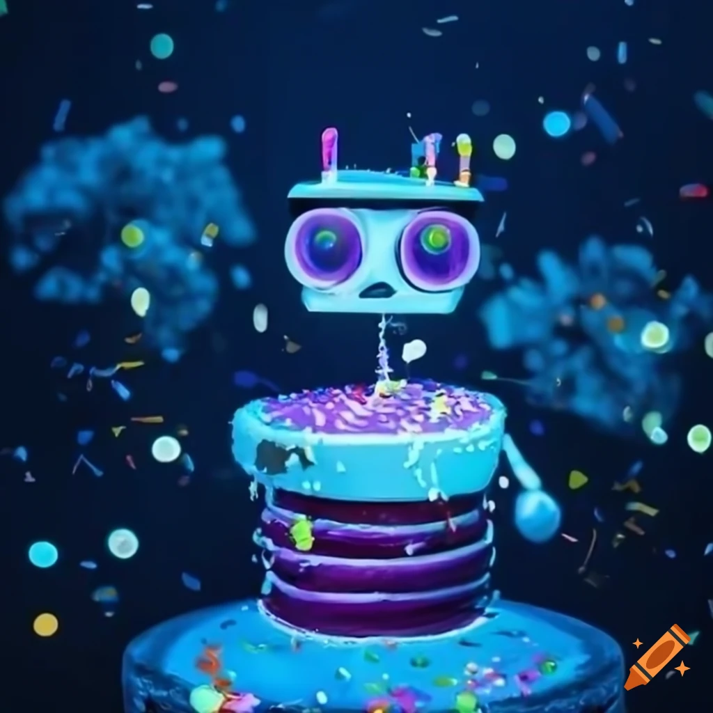 Robots partying with cake and confetti in an underwater lab on Craiyon