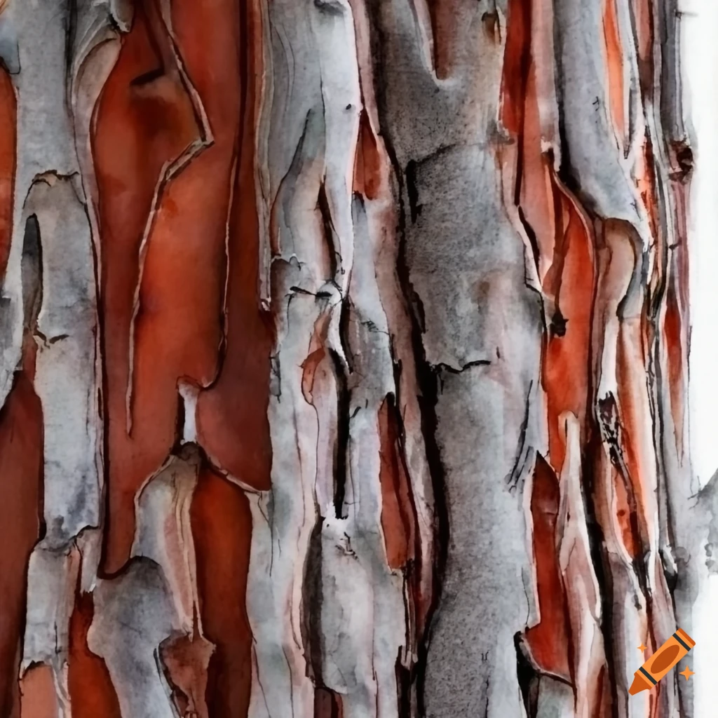 Watercolour ghost gum tree bark detail greyblue and red