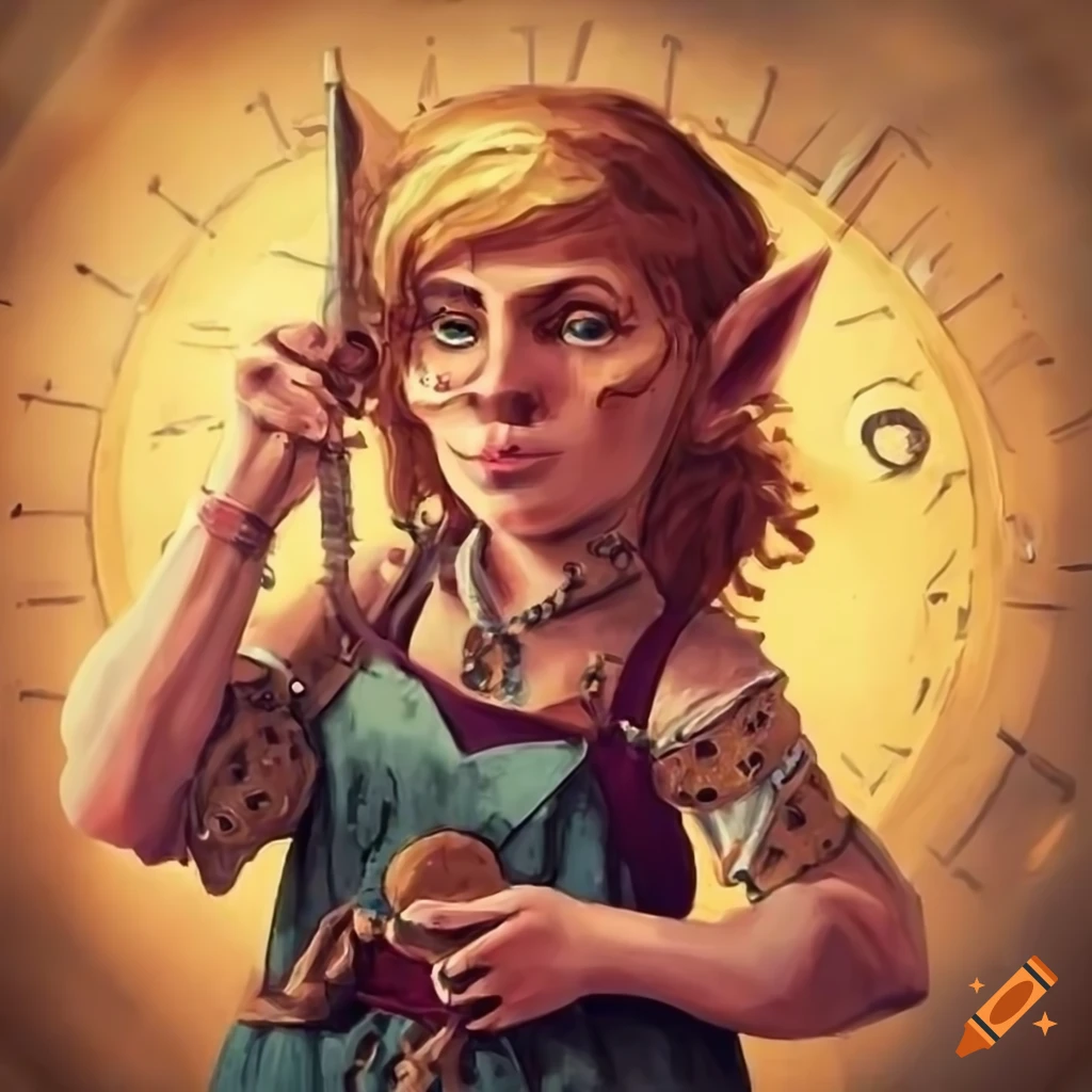 Whimsical clockmaker halfling in her workshop on Craiyon
