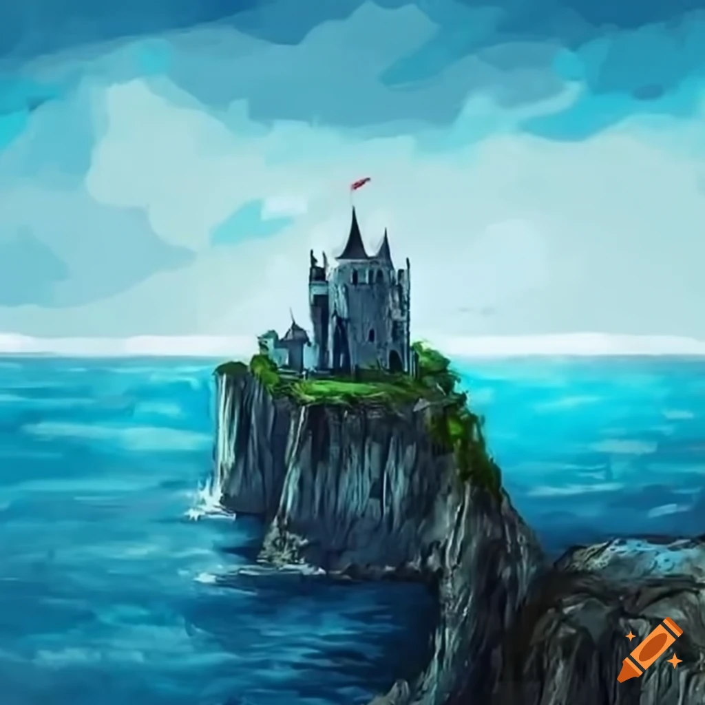 Medieval castle perched on a cliff overlooking the sea on Craiyon