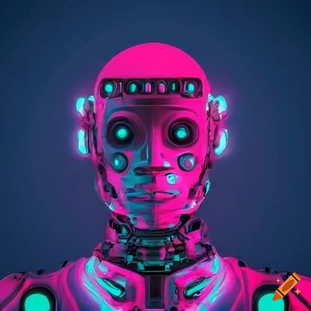 Full image of a futuristic vaporwave robot on a white background on Craiyon