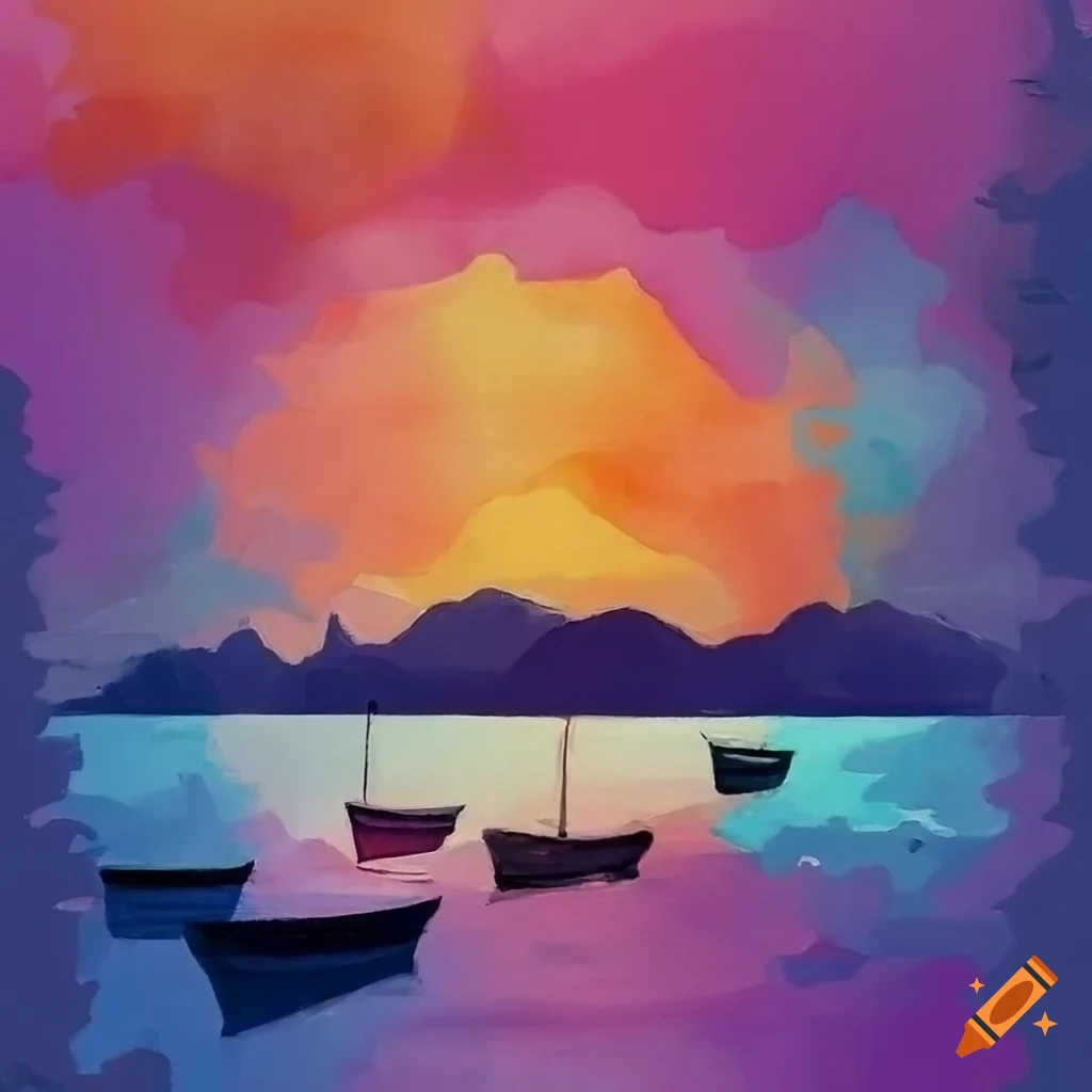 Sunset over the bay with boats in the water below cubism on Craiyon