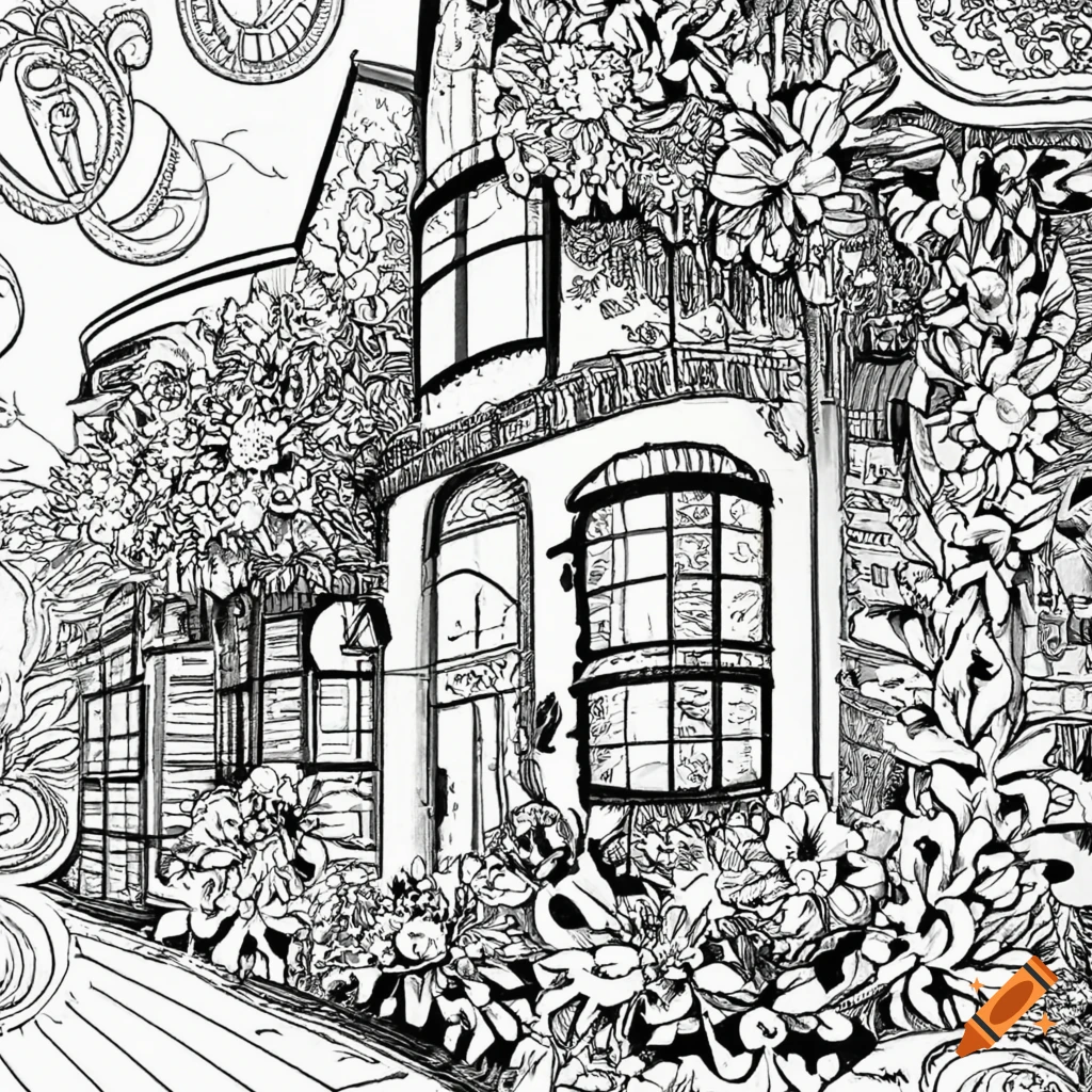 House with flowers in coloring book style