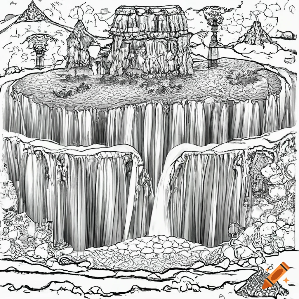Design a floating island with a majestic waterfall at its center ...