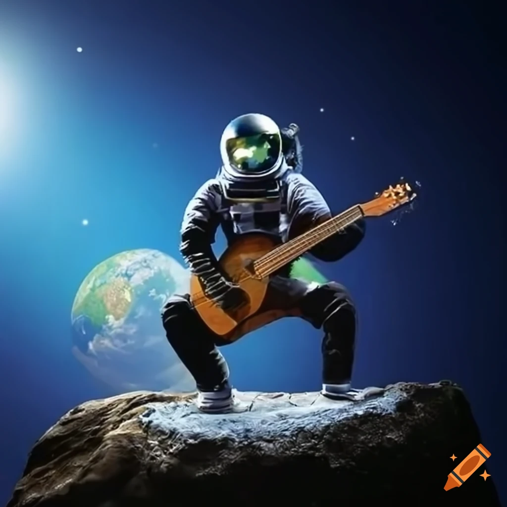 An astronaut sitting on a mountain top of moon playing a guitar while ...