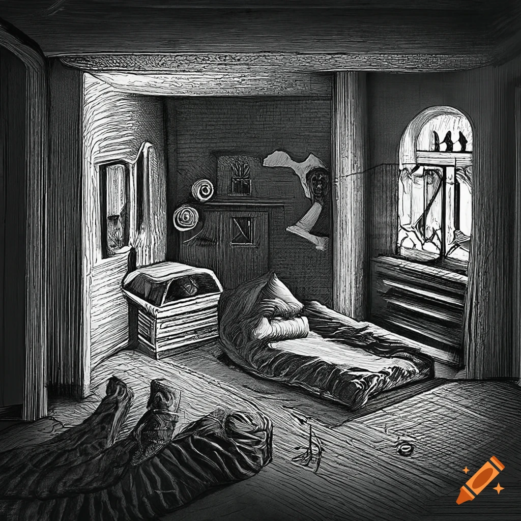 Mc escher style drawing version of relativity but in a bedroom