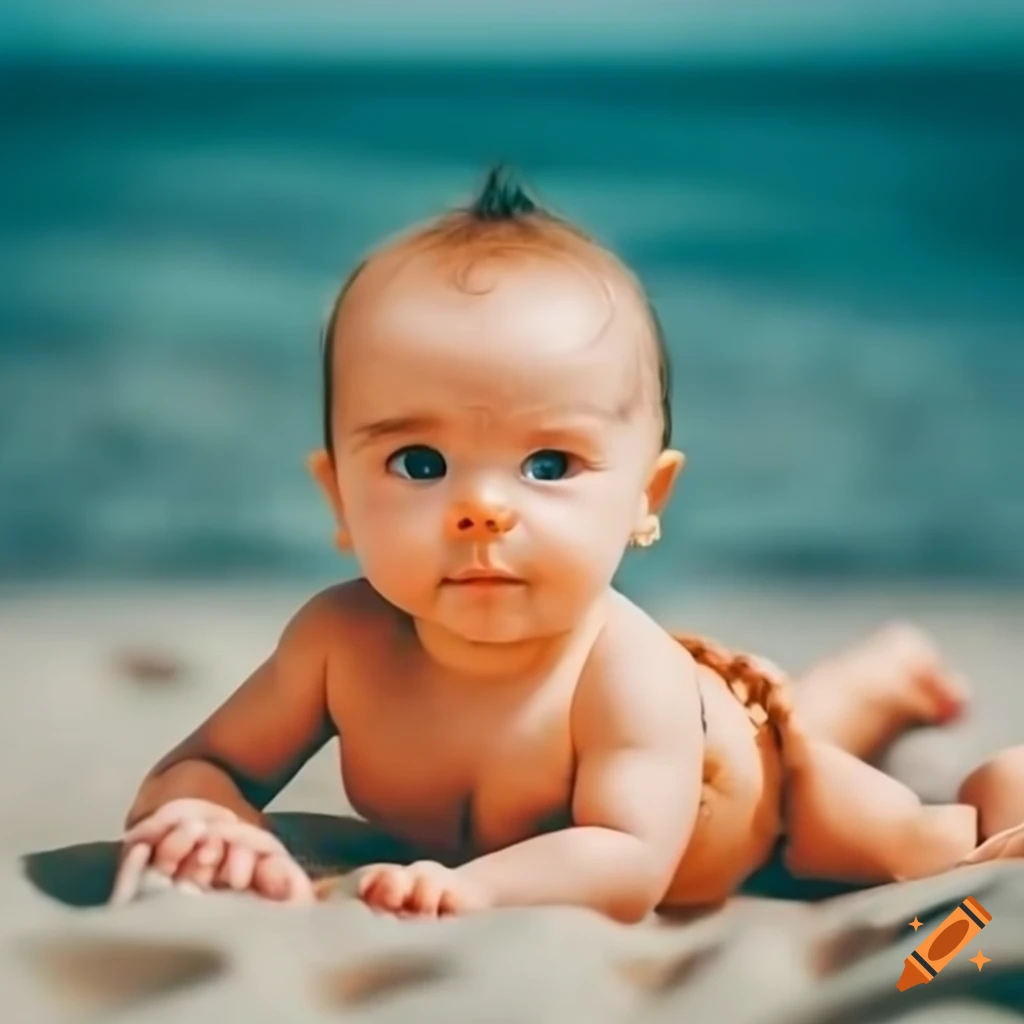 A cute baby out in the sun relaxing in the beach. the baby is in the ...