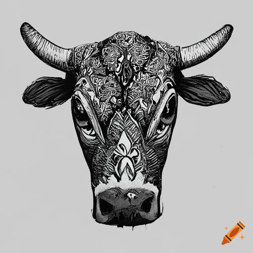 Fine lines, black and white ink pen sketch of a cow mandala