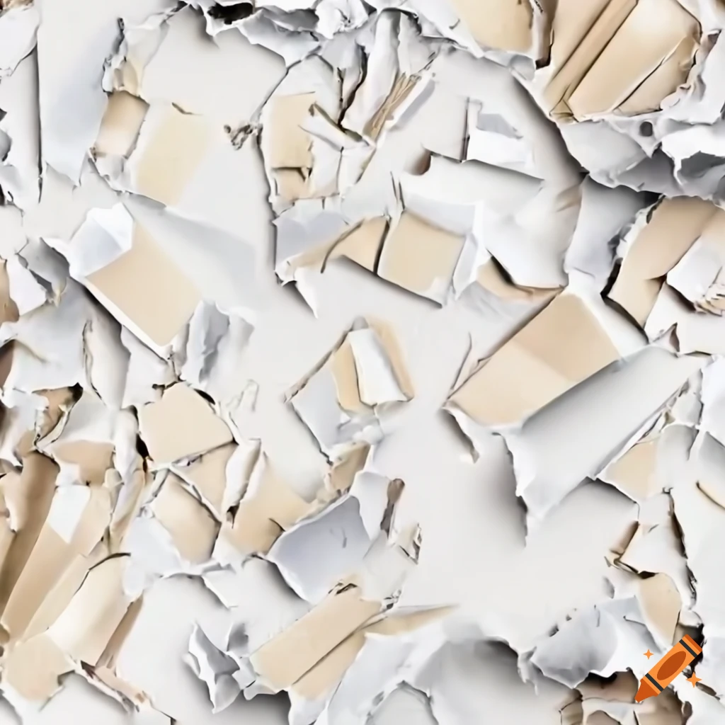 Many scattered ripped out pieces of paper pages with writing texture on ...