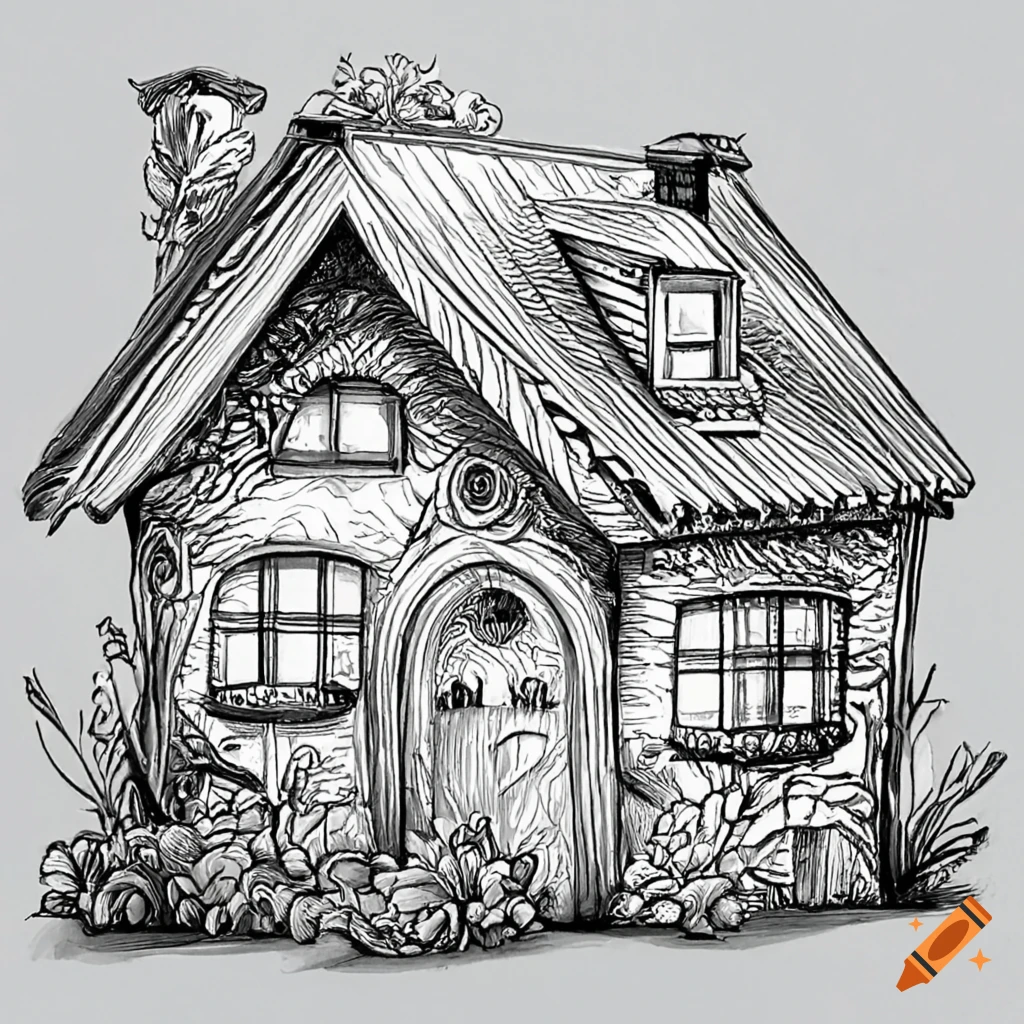 House with flowers in coloring book style