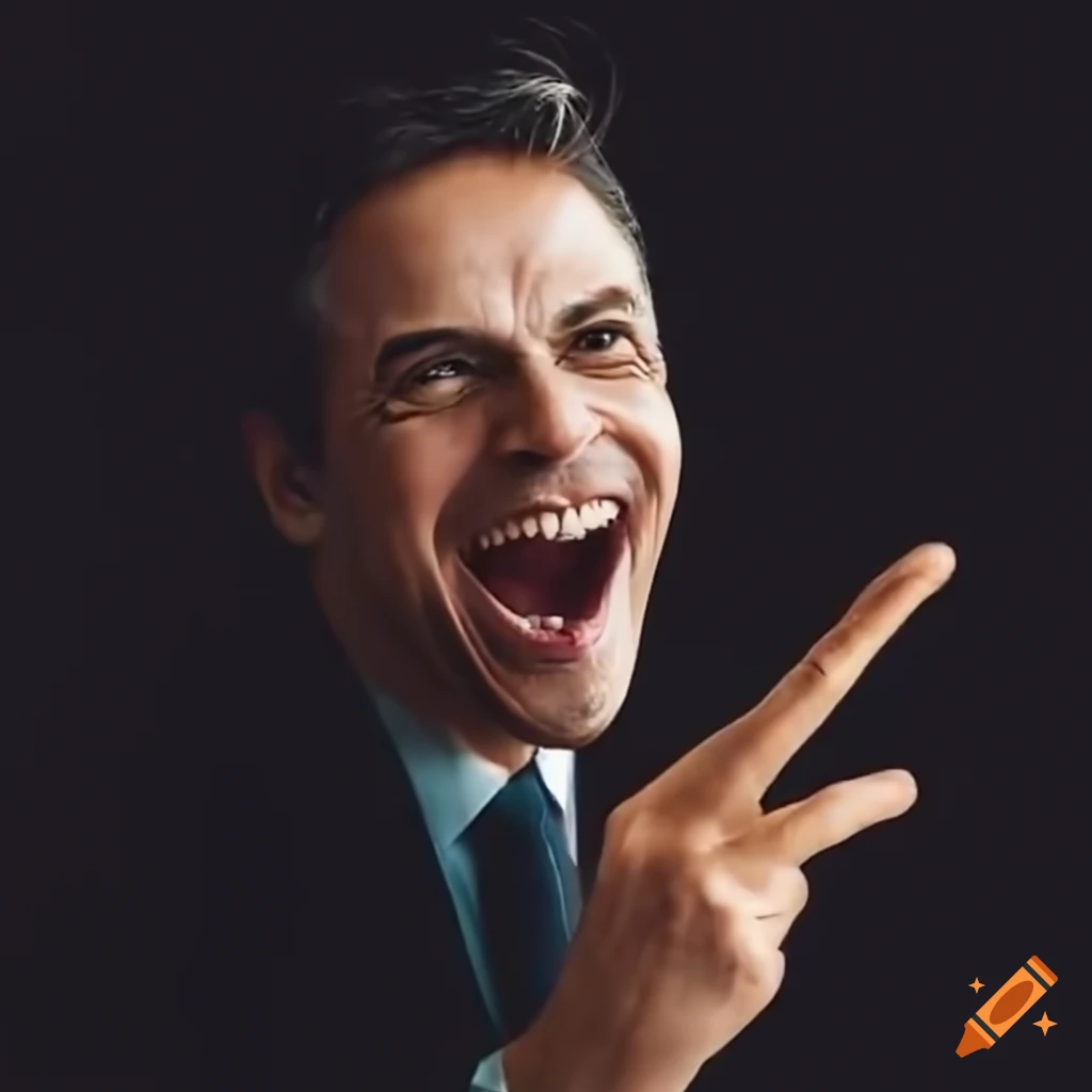 Ceo laughing and pointing left and looking right on Craiyon