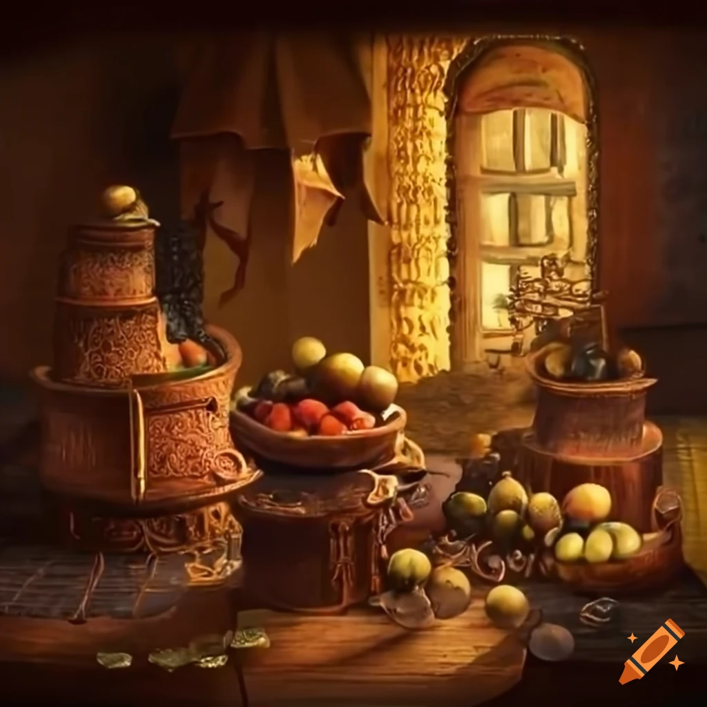 Medieval bazaar with gold and fruits stands