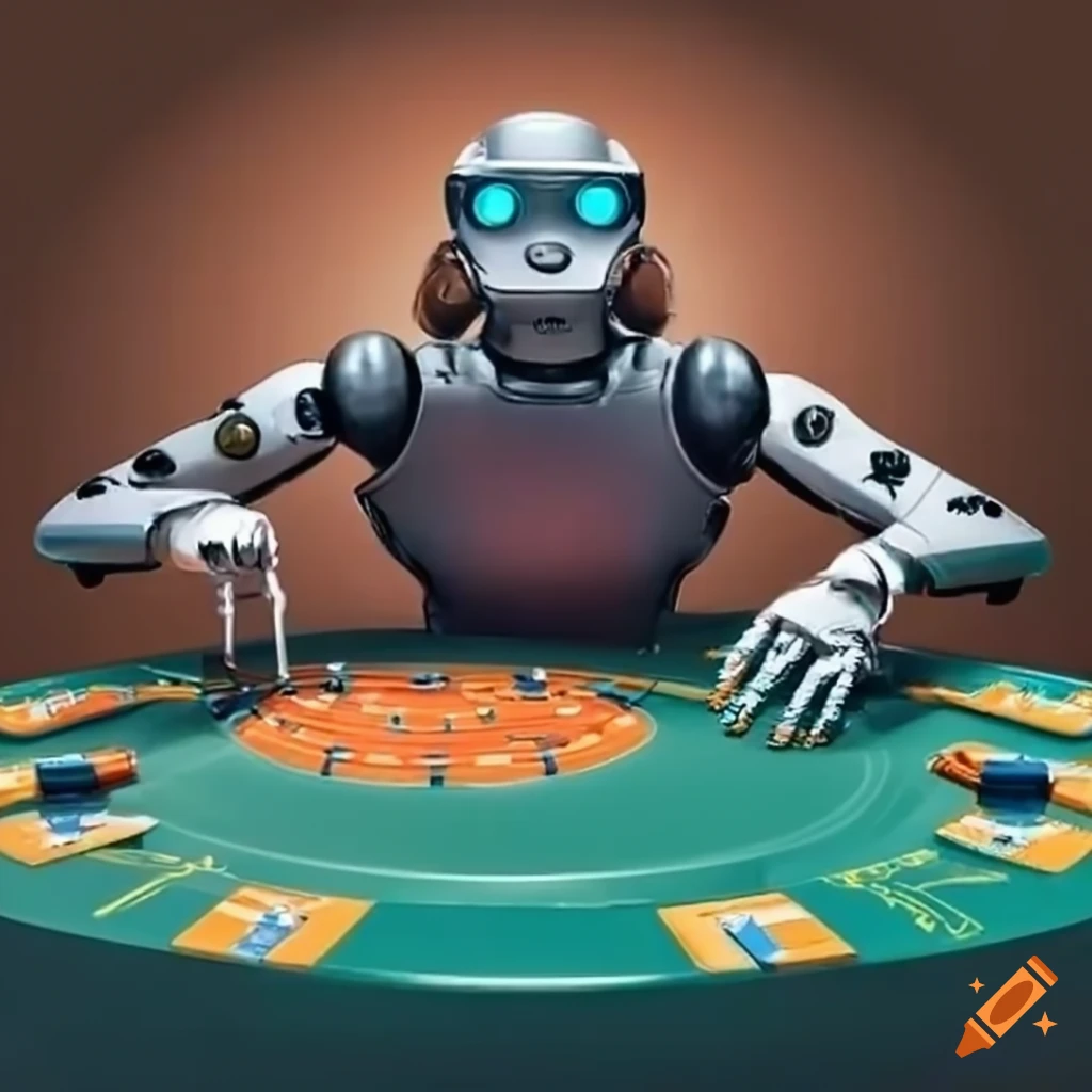 Robotic poker dealer on orange chip on Craiyon