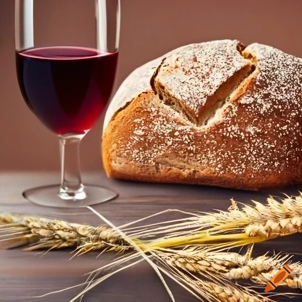 Bread and cup of wine, wheat on the table on Craiyon