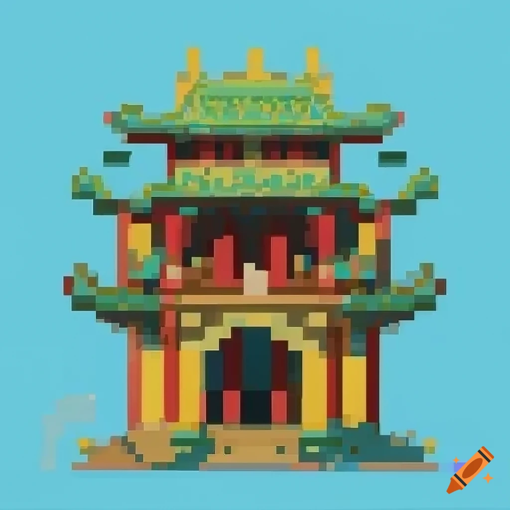 Pixel art of Chinese temple and bridge, red and yellow and orange ...