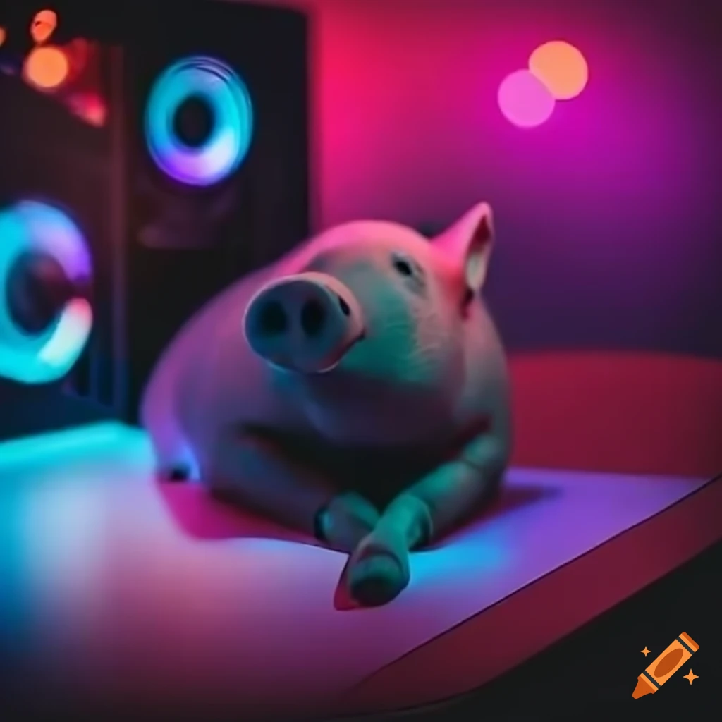 A gamer pig sitting in front of a computer with gaming setup on Craiyon