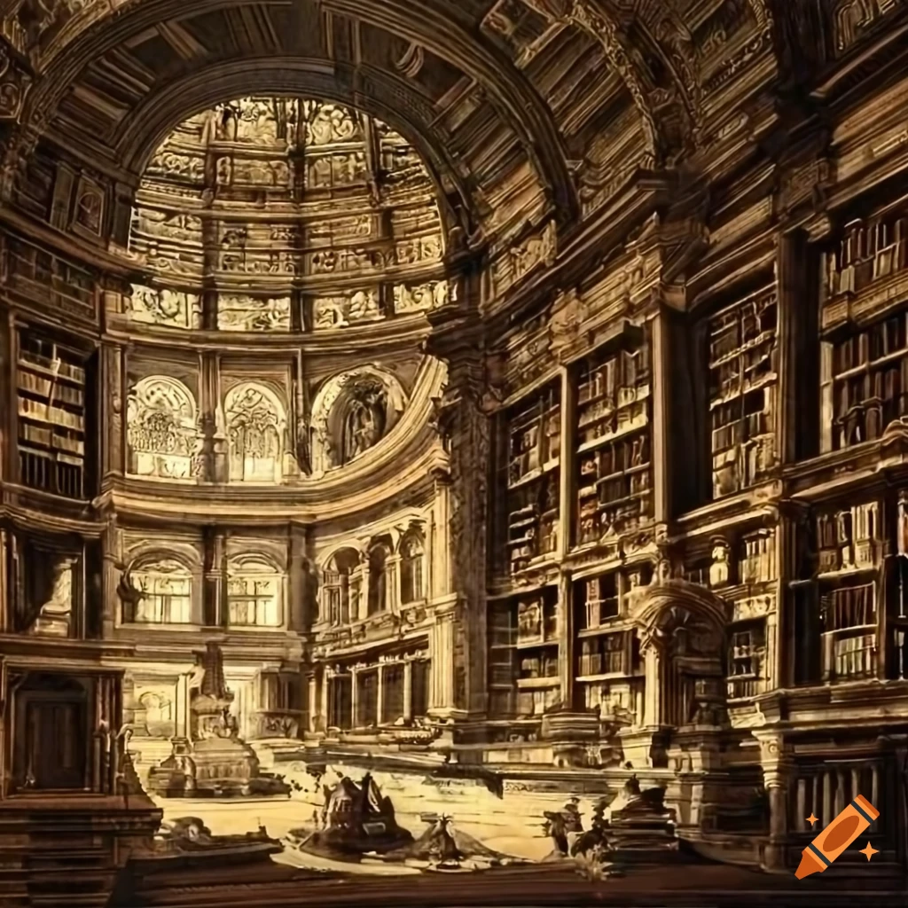Monumental library interior, never built architecural fantasy inspired ...