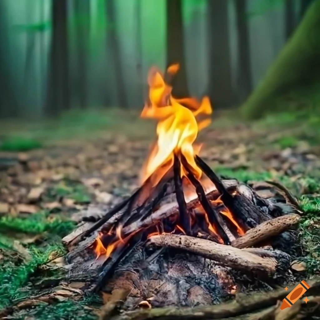 Campfire in a dense forest illuminating lush vegetation and mushrooms