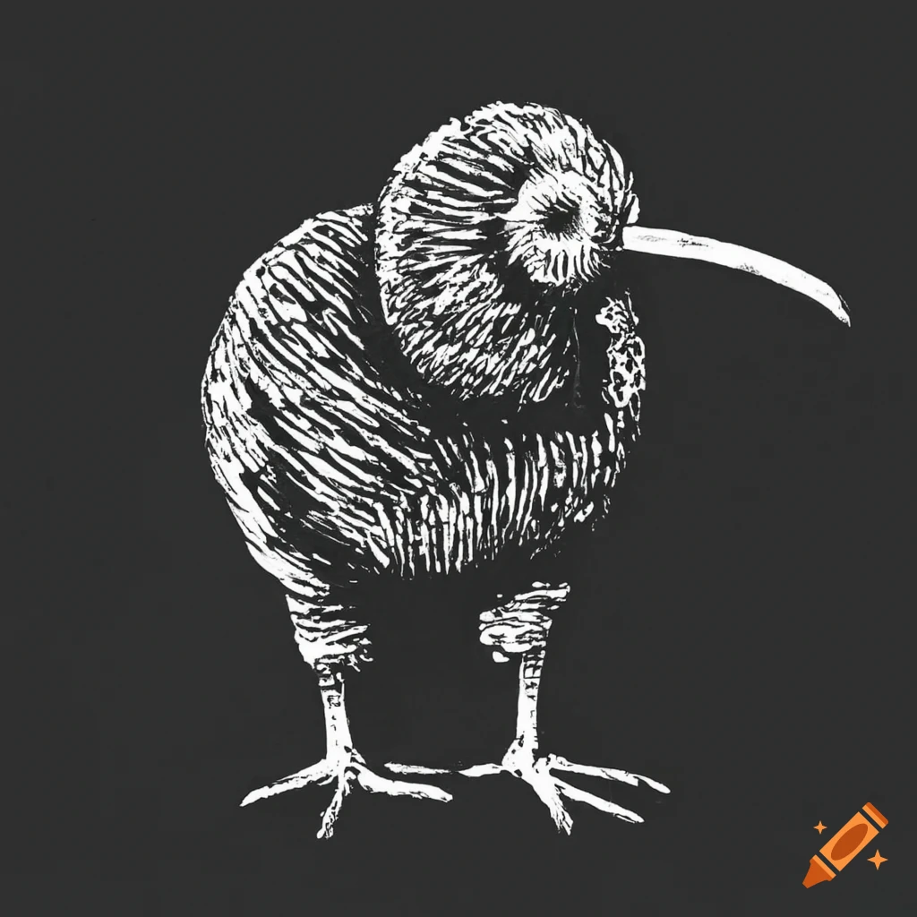Kiwi bird drawn in black ink with simple brush strokes on Craiyon