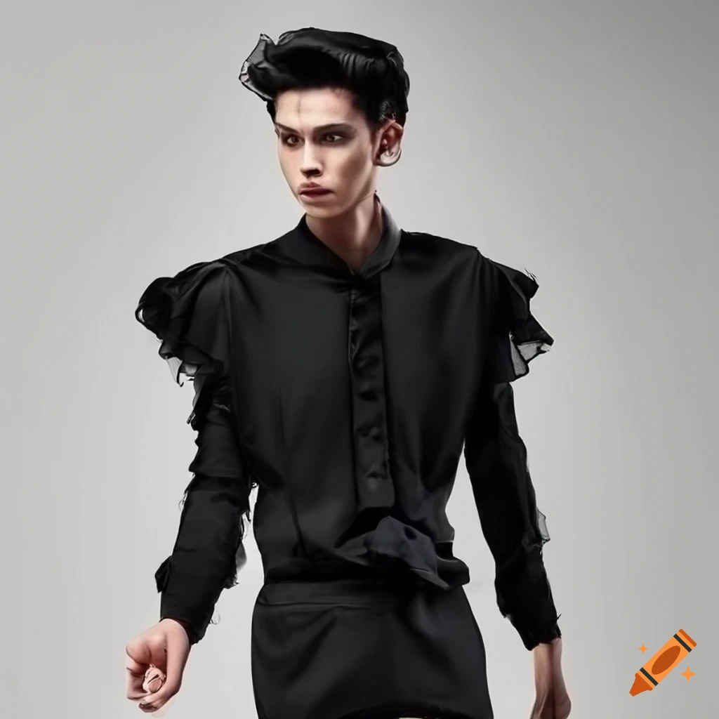 Men’s black chiffon shirt and pants with ruffles on Craiyon