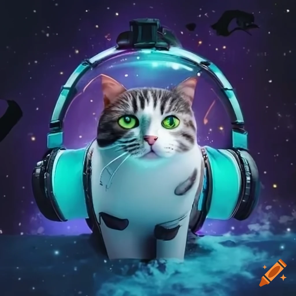 Robo cat in space with headphones on in a spaceship on Craiyon