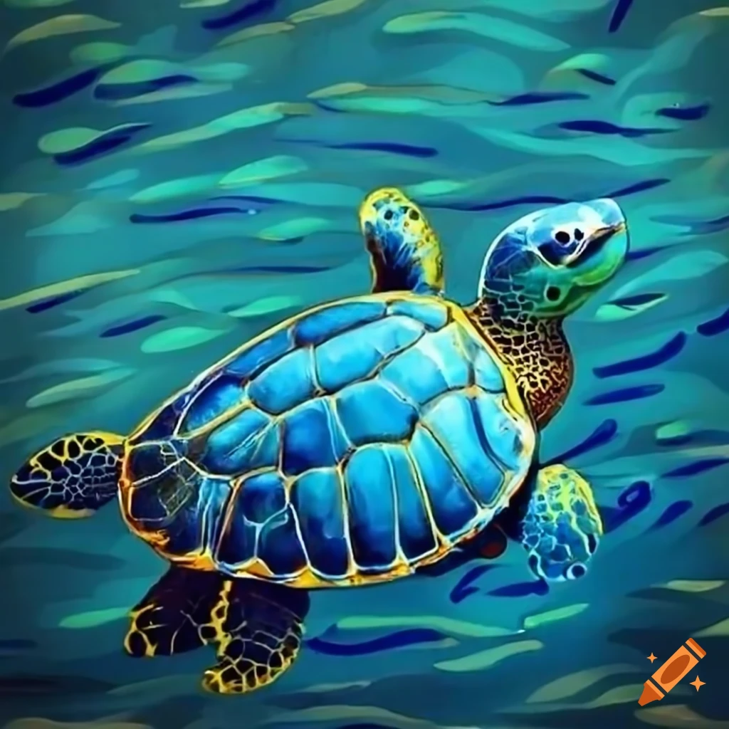 Small, blue-shell turtle swimming in the sea with more fishes