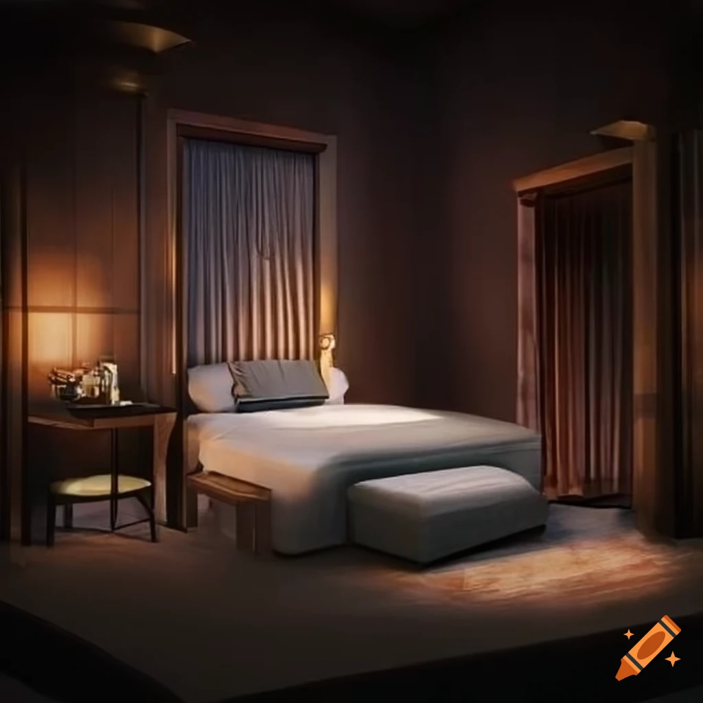 Pixelated hotel room, bed