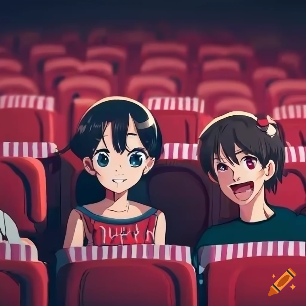 People happily sitting in a movie theatre and enjoying a movie anime ...