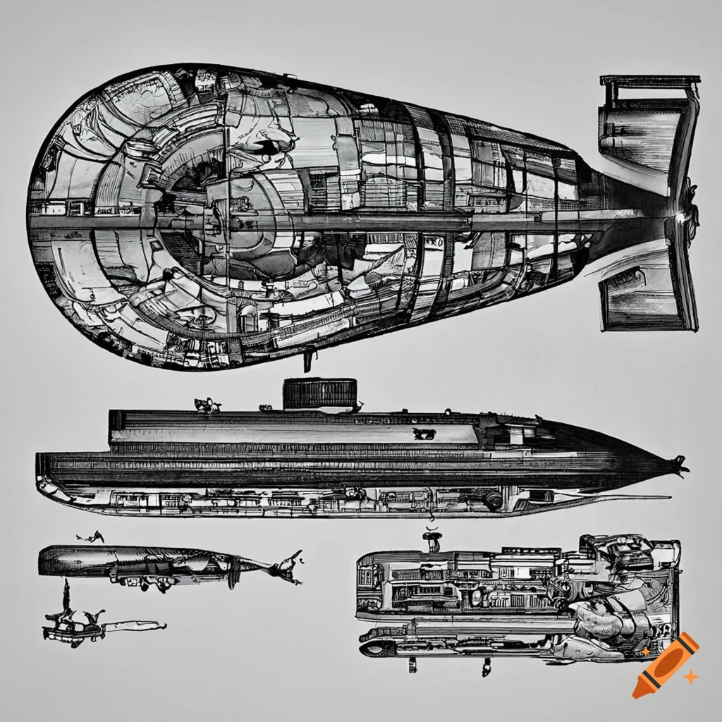 Full size technical drawing cutaway submarine